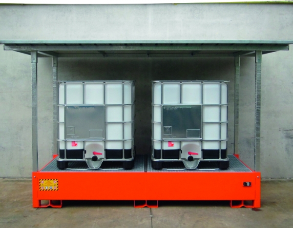 Steel Sump Pallet with Roof for 2 IBCs - Steps and Stillages