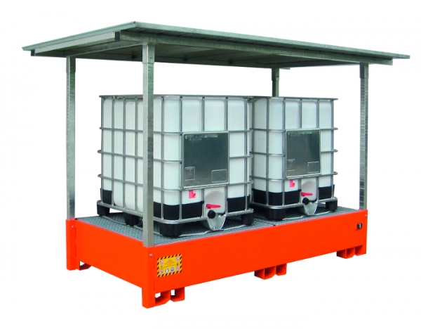 Steel Sump Pallet with Roof for 2 IBCs - Steps and Stillages